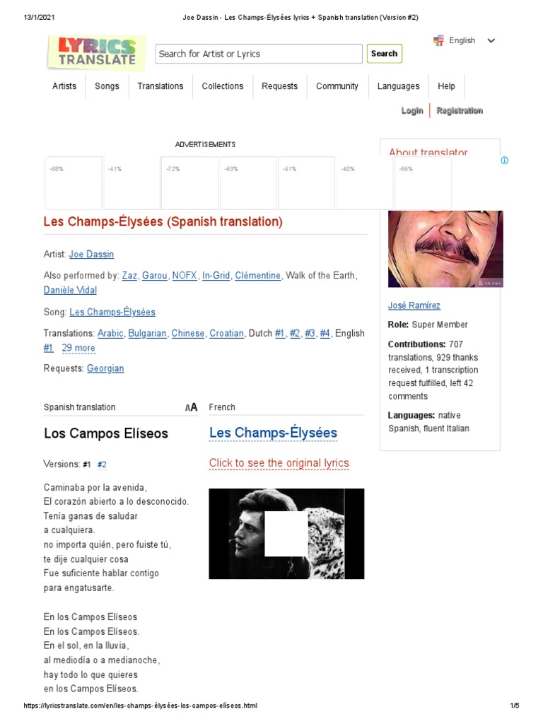 Joe Dassin - Les Champs-Élysées Lyrics + Spanish Translation (Version #2) PDF | PDF | Idiomas
