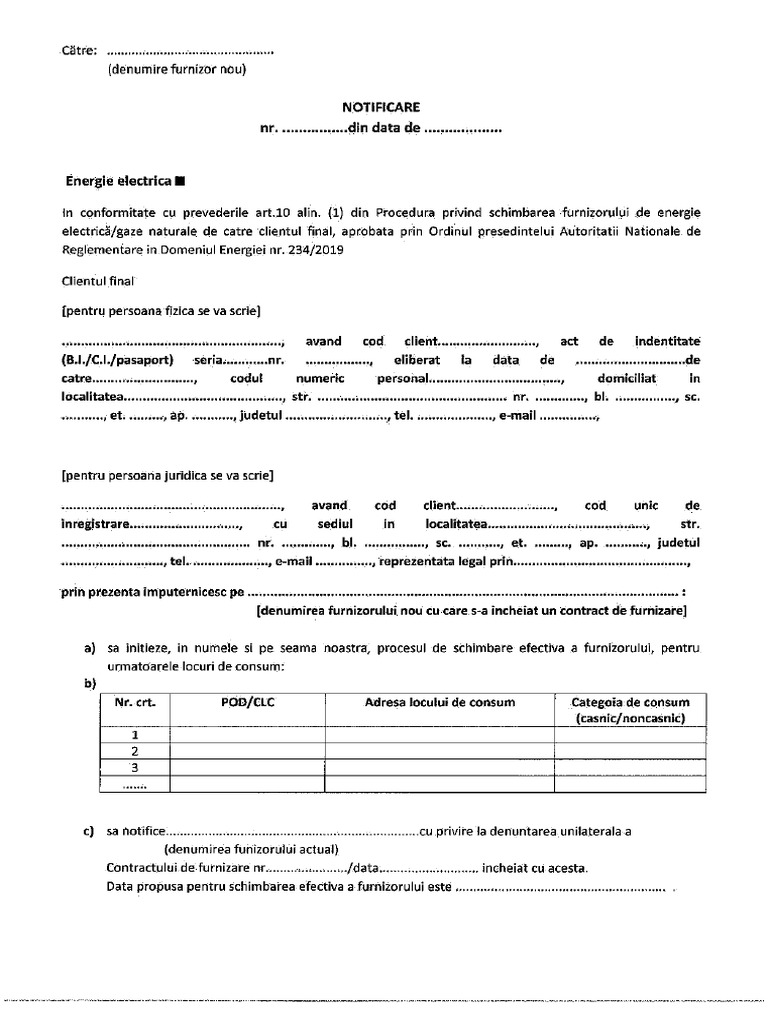 Notificare Schimbare Furnizor | PDF