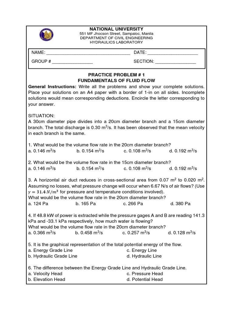 Practice Problem No. 1 Hydraulics Fundamentals of Fluid Flow | PDF ...