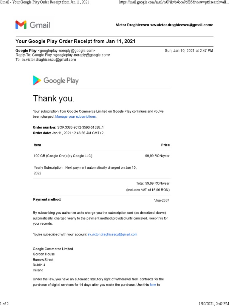 Thank You.: Your Google Play Order Receipt From Jan 11, 2021 | PDF ...