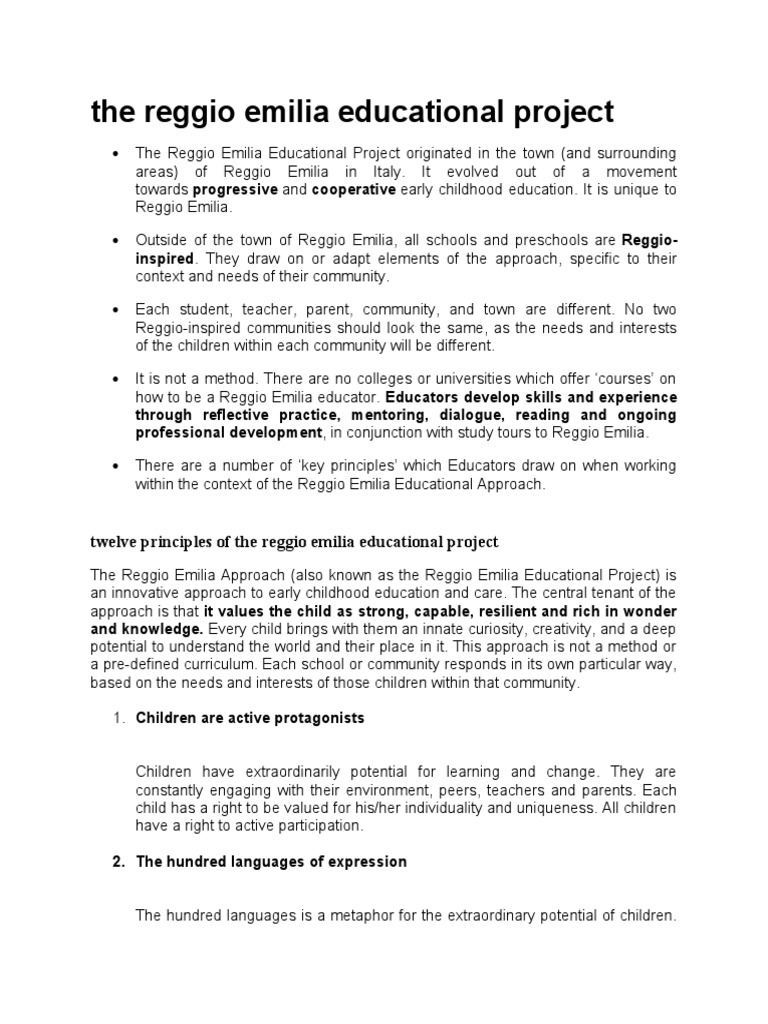 Reggio Emilia Educational Project Overview | PDF | Human Nature | Cognition