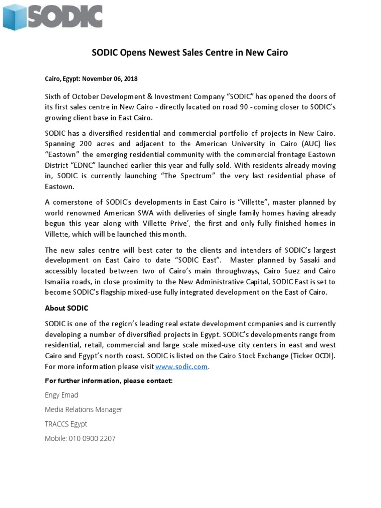 SODIC Launches New Sales Centre in New Cairo | PDF | Business | Finance ...