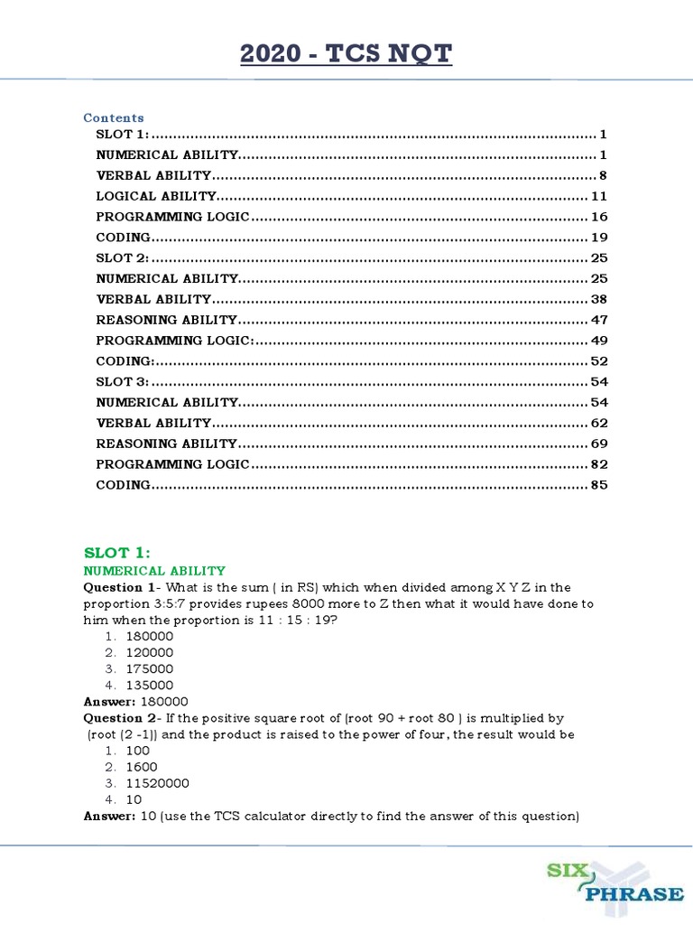 Six Phrase - TCS NQT - All Slots | PDF | Pointer (Computer Programming) | Area