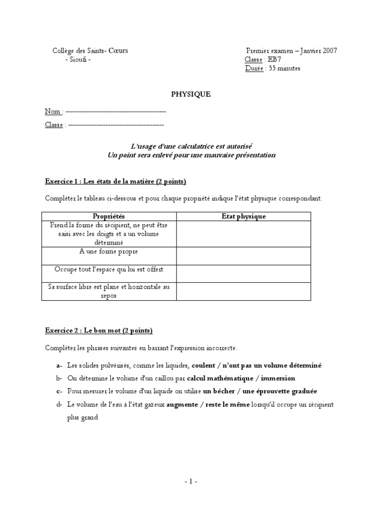 Fiche Solide Liquide Gaz Volume | PDF | Le volume | Physique