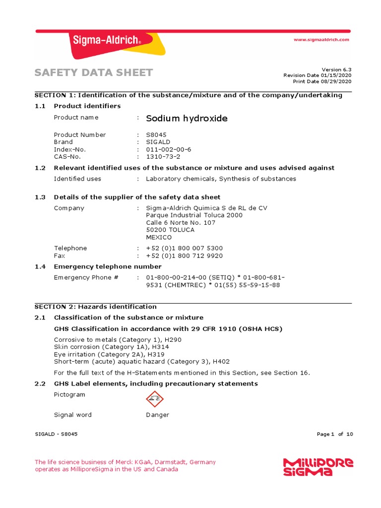 Safety Data Sheet: Sodium Hydroxide | PDF | Toxicity | Personal ...