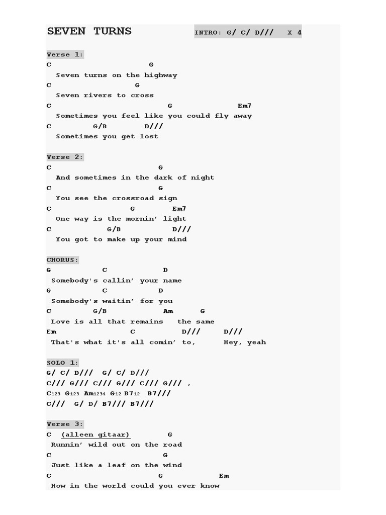 Seven Turns Chords PDF | PDF | Song Structure | Songs