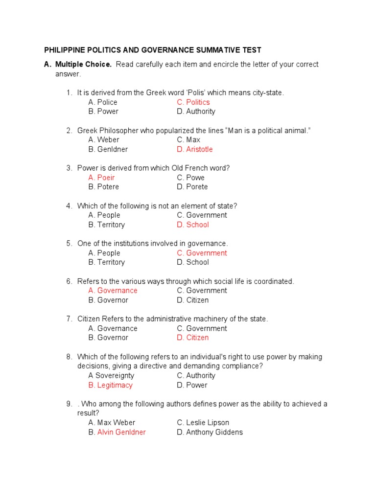 Philippine Politics and Governance Summative Test | PDF | Power (Social ...