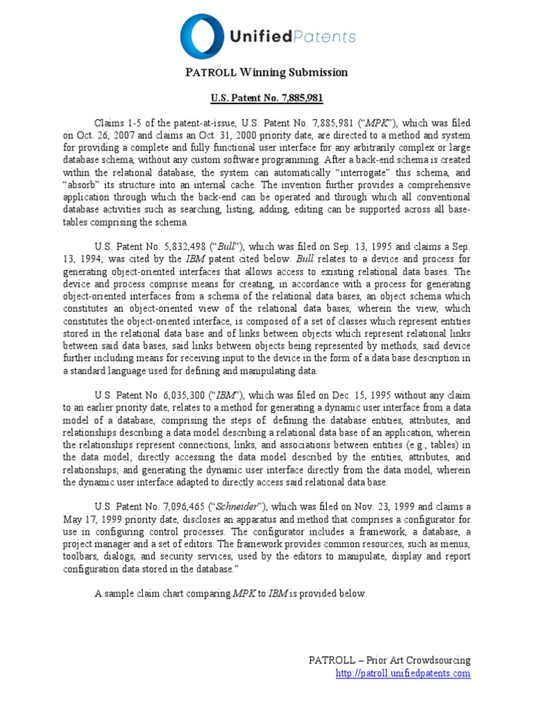 FINAL Revised Mapping - Unified Patents - Winning Submission For US7885981 - MPK - 12.01.2020 ...