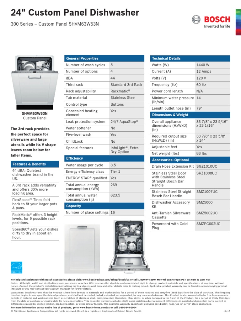 Spec Sheet - Dishwasher - SHVM63W53N | PDF | Dishwasher | Manufactured ...