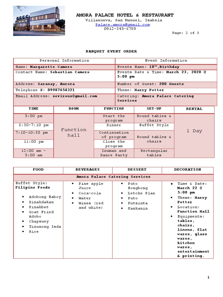 Amora Palace Hotel & Restaurant: Banquet Event Order | PDF | Food And ...