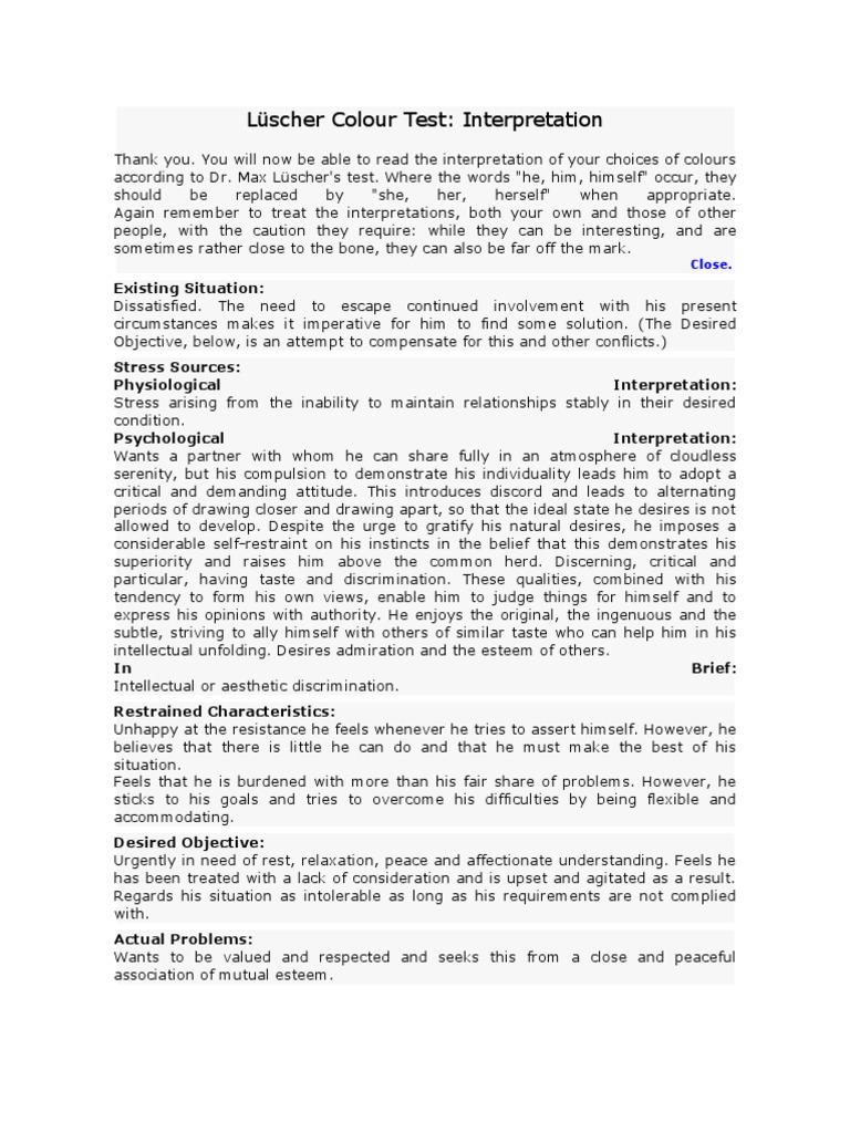 Lüscher Colour Test: Interpretation: Existing Situation | PDF | Stress ...