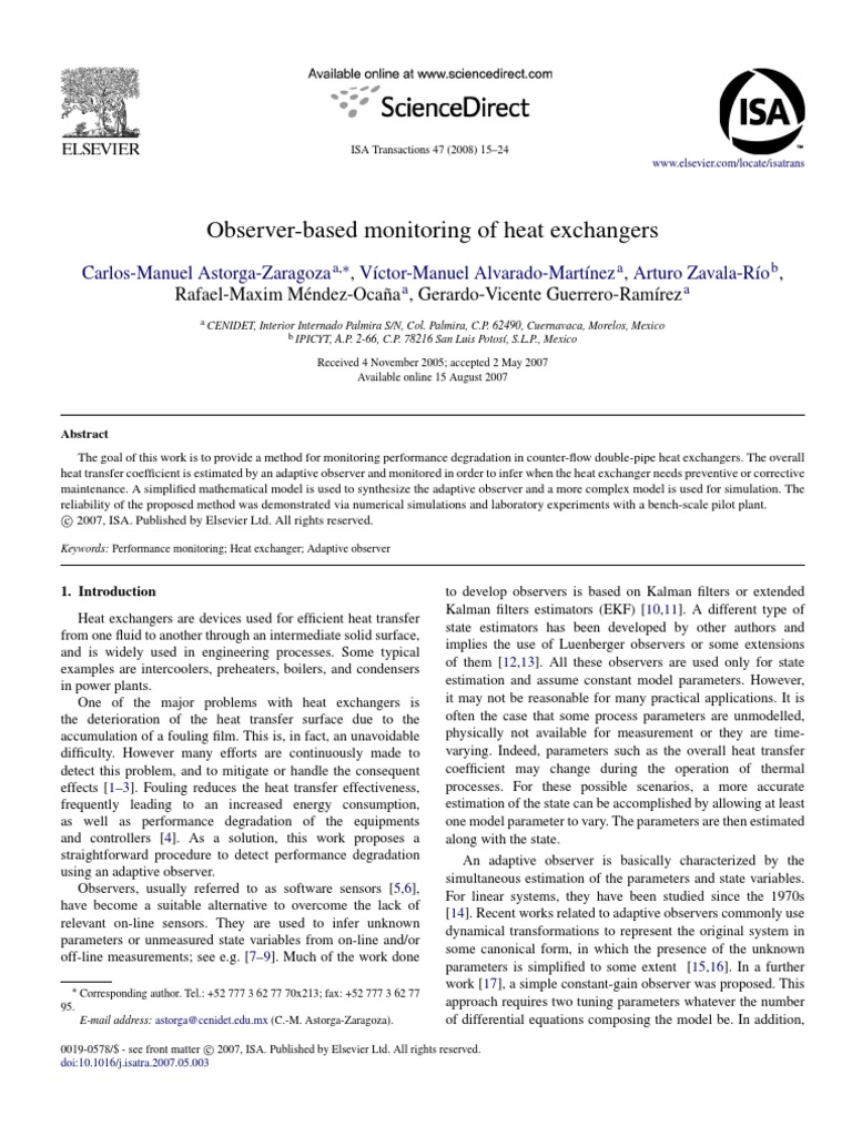 Observer-Based Monitoring of Heat Exchangers | PDF | Heat Exchanger ...