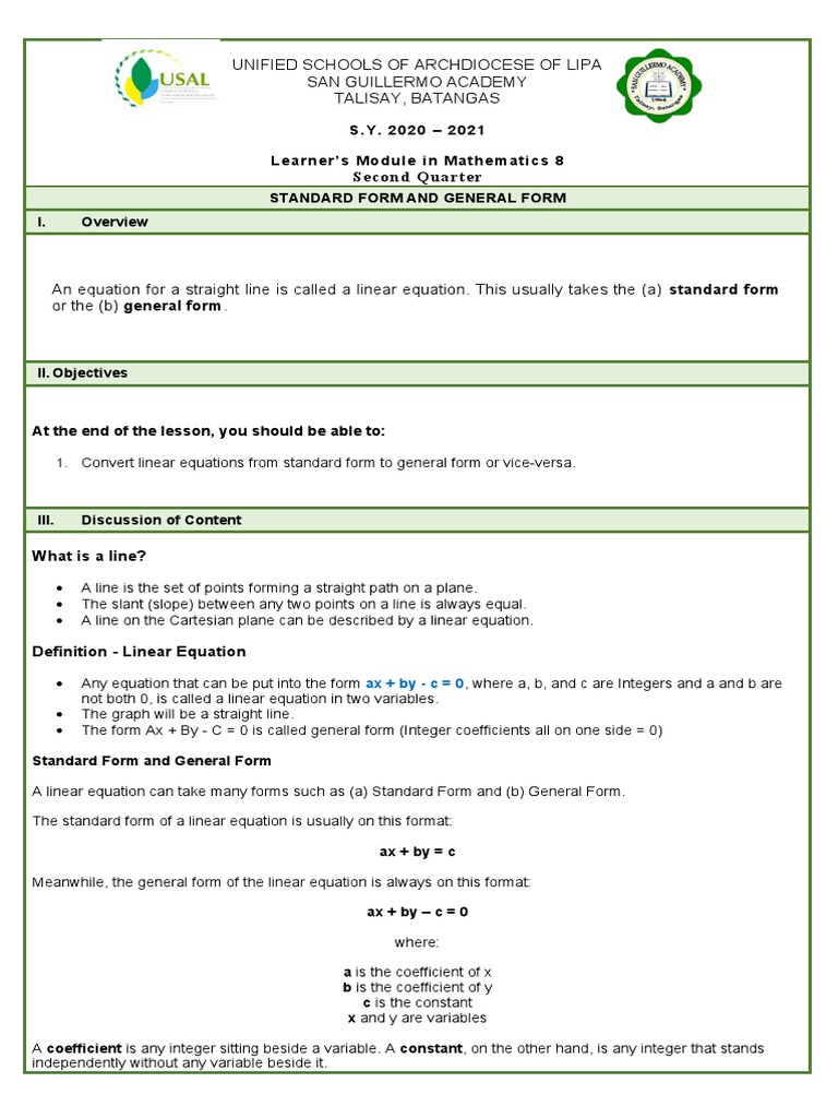 Math - G8 - 2ND - Standard and General Form | PDF | Equations ...