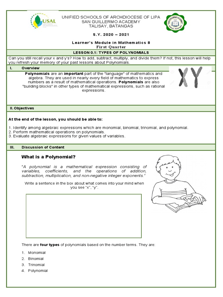 Math - G8 - Lesson 0.1 Types of Polynomials | PDF | Polynomial ...