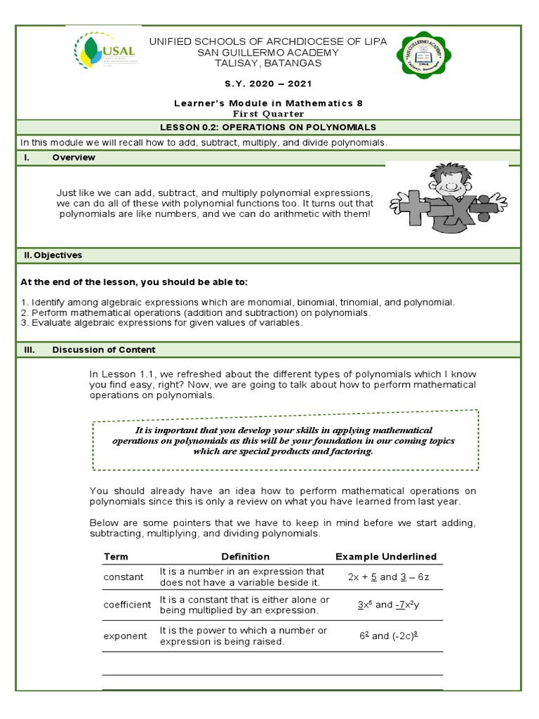 Math - G8 - Lesson 0.2 Operation On Polynomials | PDF | Polynomial ...