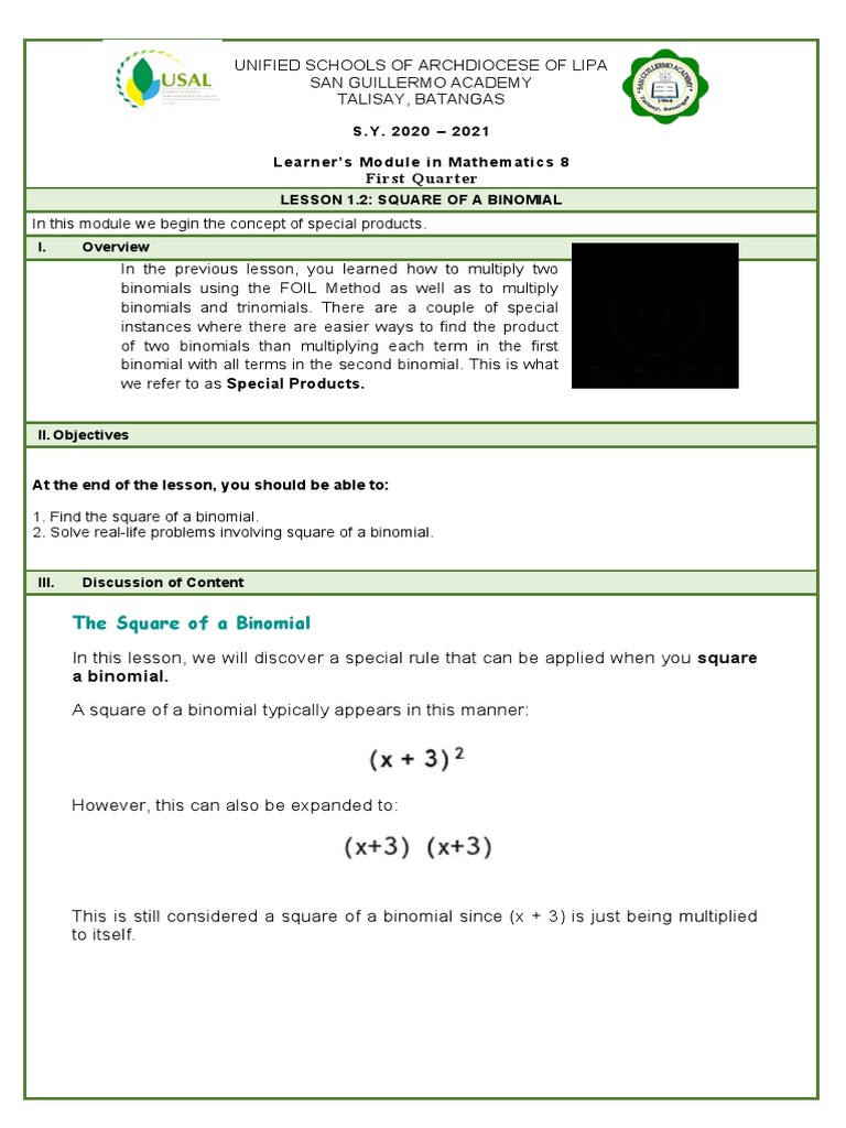 Math - G8 - Lesson 1.2 Special Products Part 2 | PDF | Algebra | Cognition