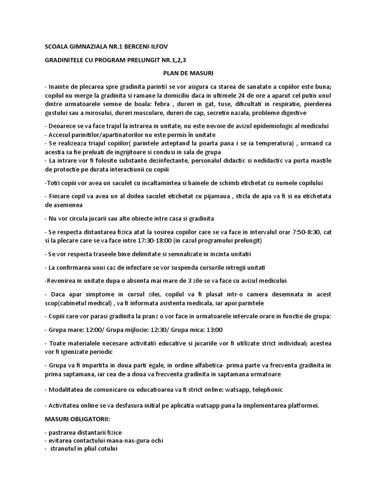 Plan de Masuri Gradinita | PDF