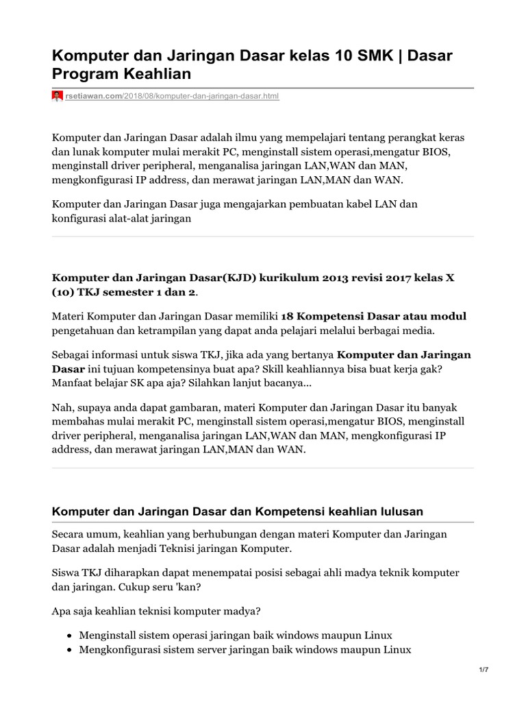 Kd Komputer Dan Jaringan Dasar Kelas 10 Smk Dasar Program Keahlian