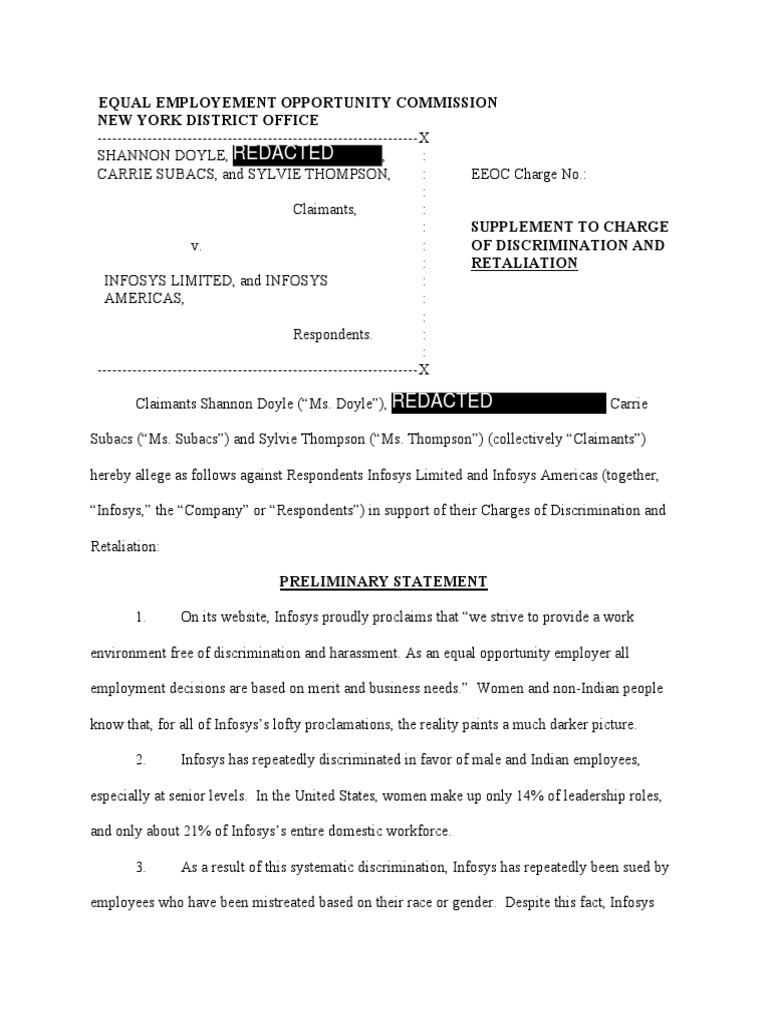 Supplement To EEOC Charge of Discrimination Against Infosys - Filed ...