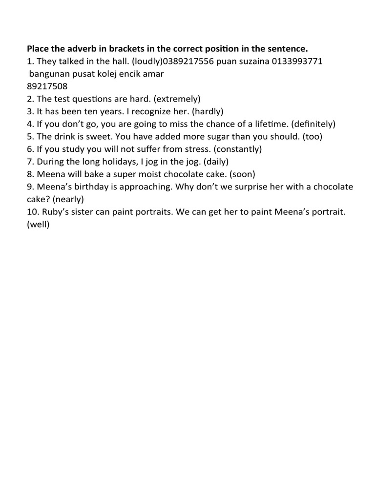 Adverb Placement Exercise Guide | PDF | Language Arts & Discipline