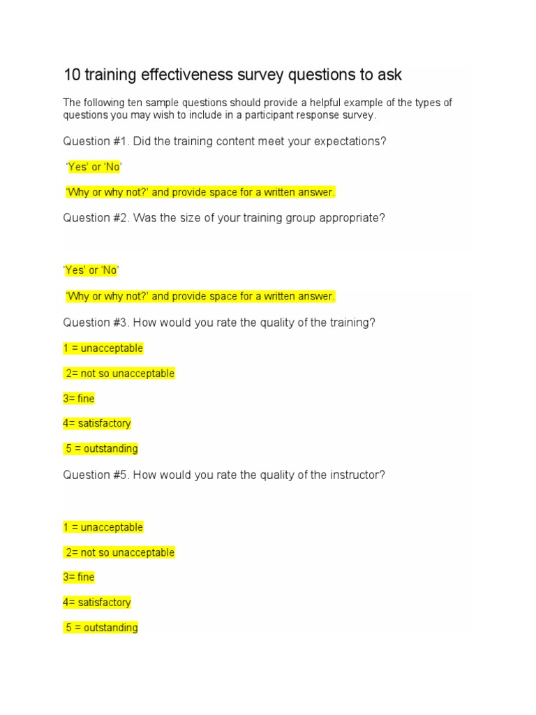 10 Training Effectiveness Survey Questions To Ask | PDF