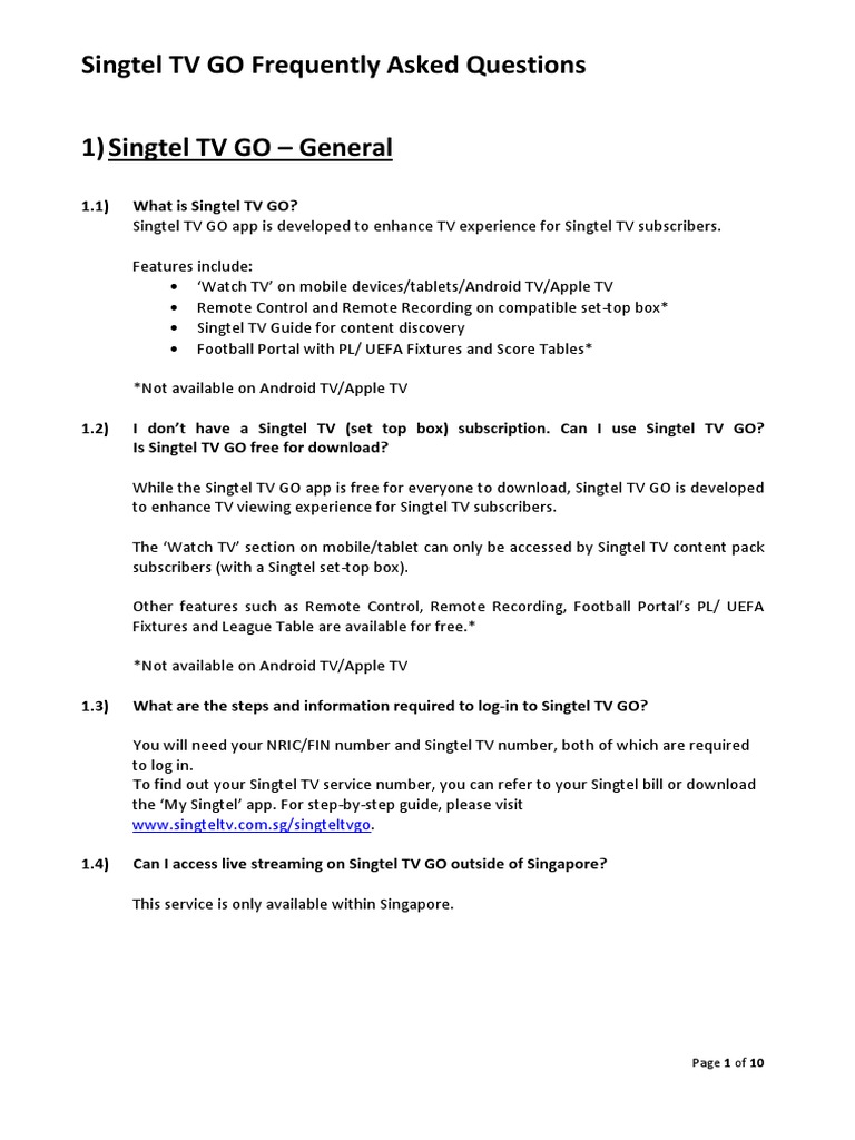 Singtel TV GO Frequently Asked Questions 1) Singtel TV GO - General ...