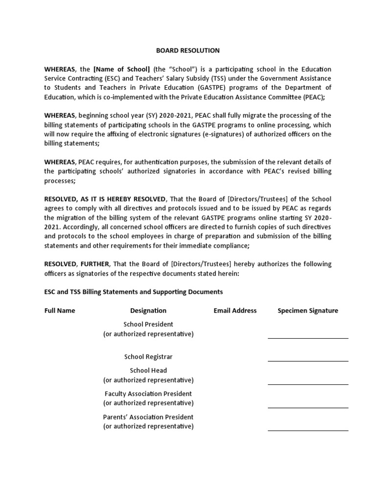 Board Resolution On Assigning Signatories in The ESC and TSS Program ...