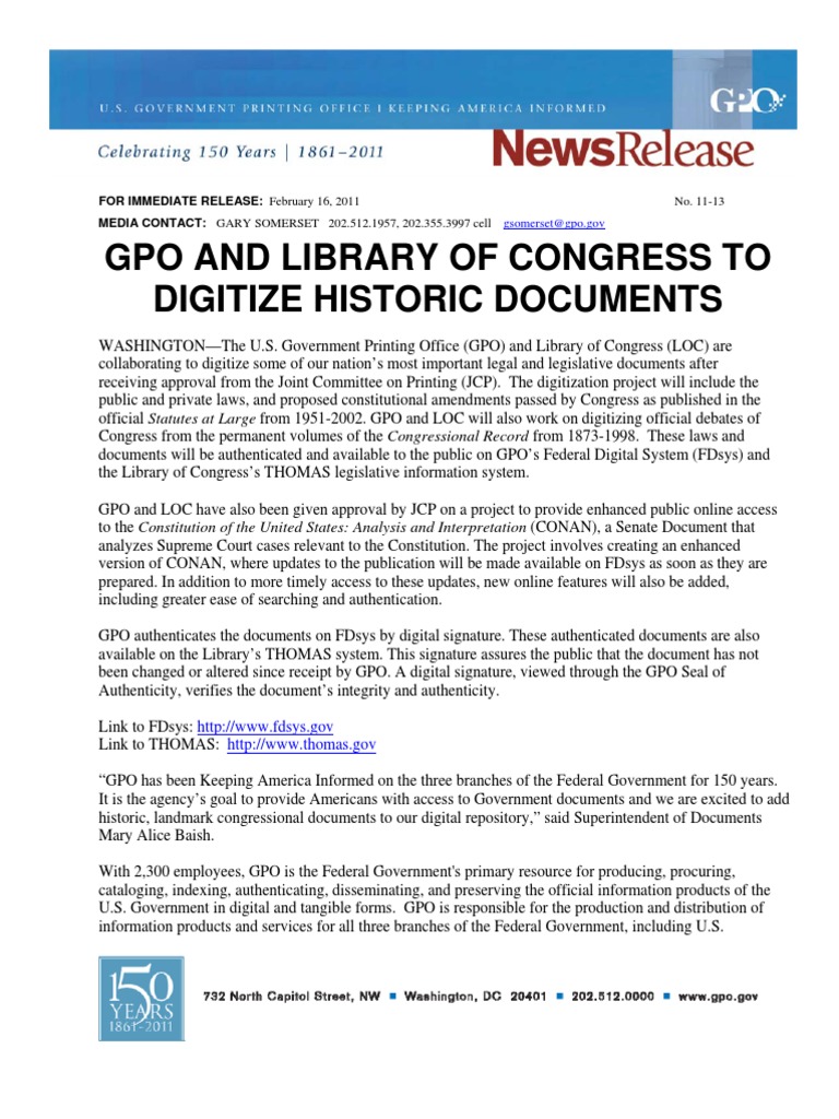 GPO and Library of Congress To Digitize Historic Documents | PDF ...