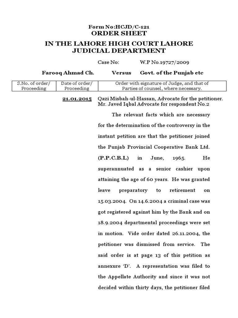 Order Sheet in The Lahore High Court Lahore Judicial Department | PDF ...