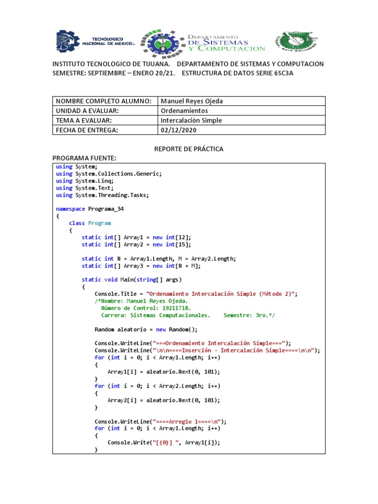Practica 34. Ordenamiento Por Intercalación Simple (Metodo 2) | PDF ...