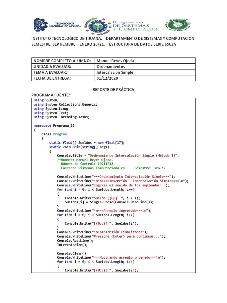 Practica 33. Ordenamiento Por Intercalación Simple (Metodo 1) PDF | PDF
