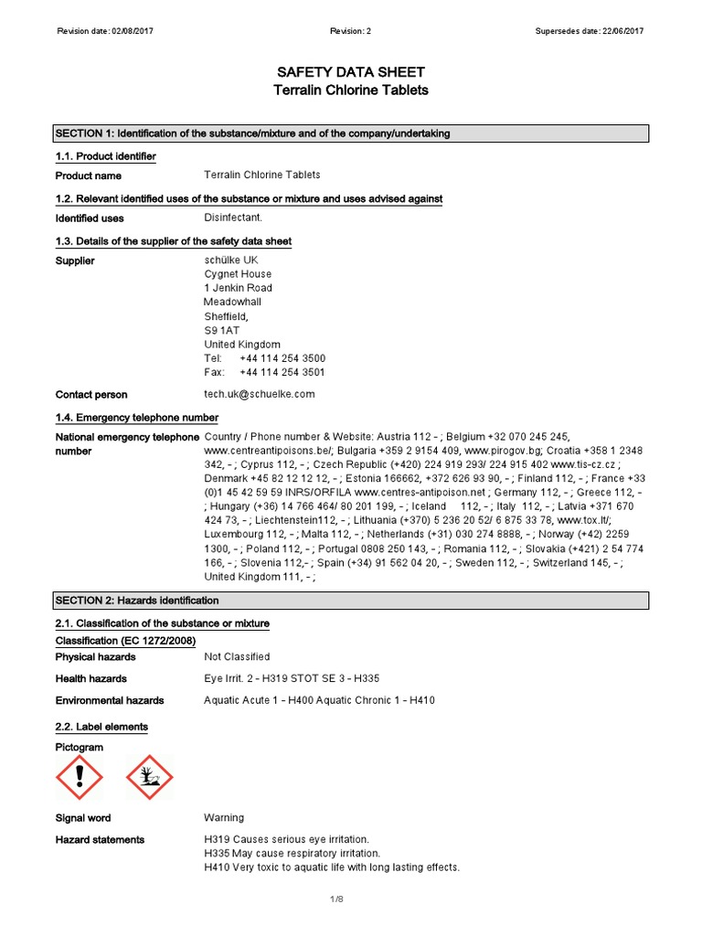 Terralin Chlorine Tablets Safety Data Sheet | PDF | Dangerous Goods ...