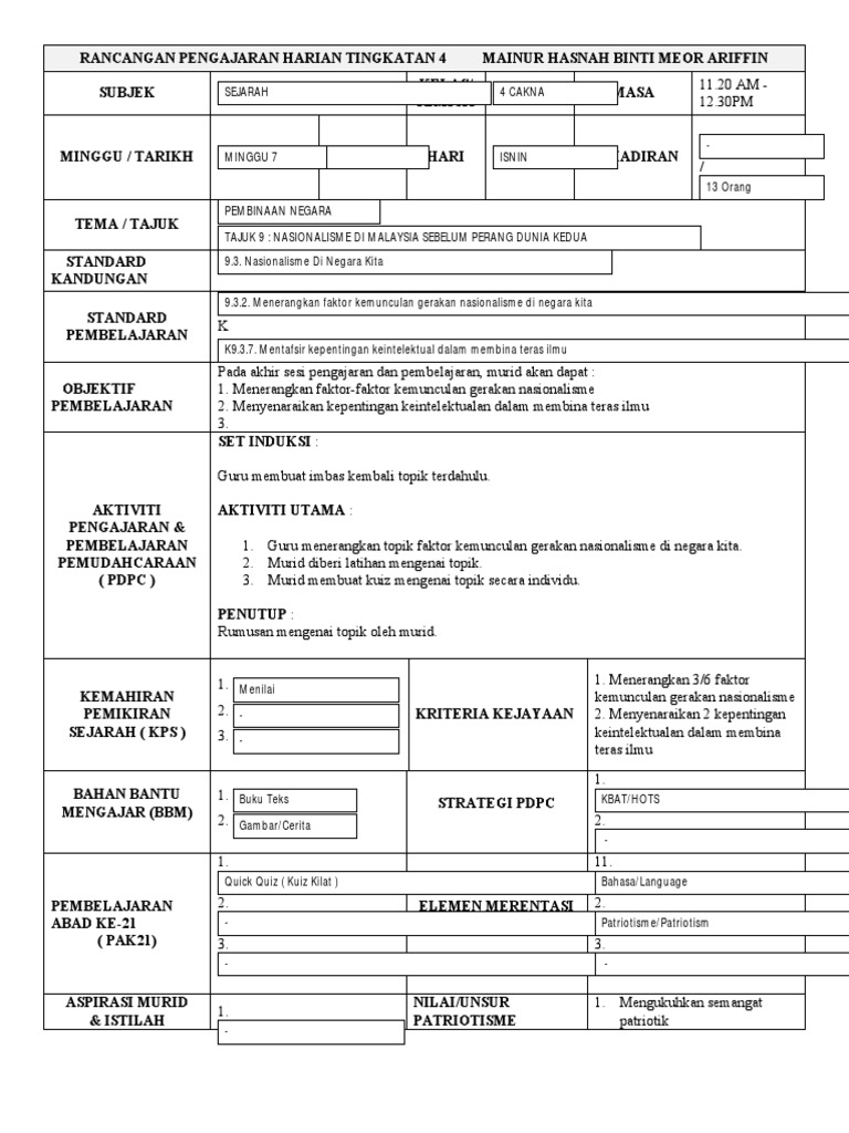 Template RPH Tingkatan 4, Sej 2020 | PDF