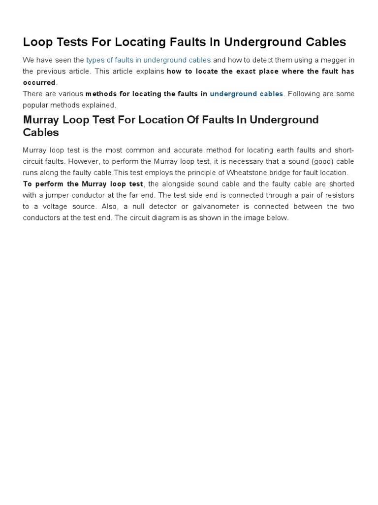 Loop Tests For Locating Faults in Underground Cables | PDF | Electrical ...
