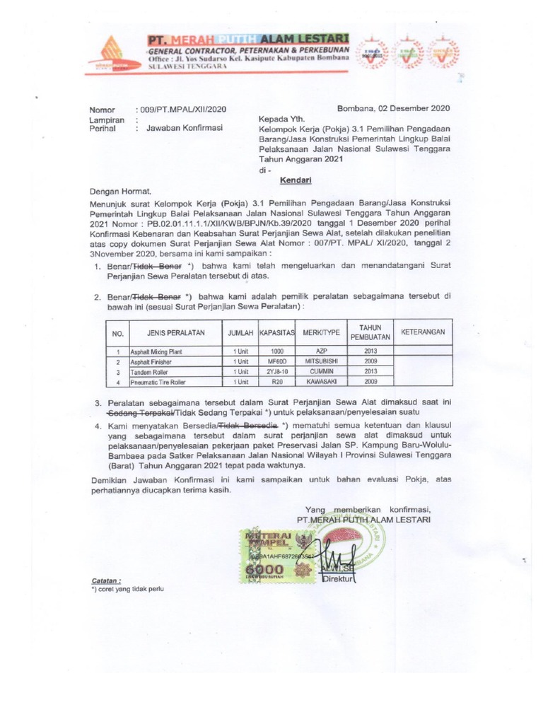 Jawaban Konfirmasi Peralatan Pt. Merah Putih | PDF