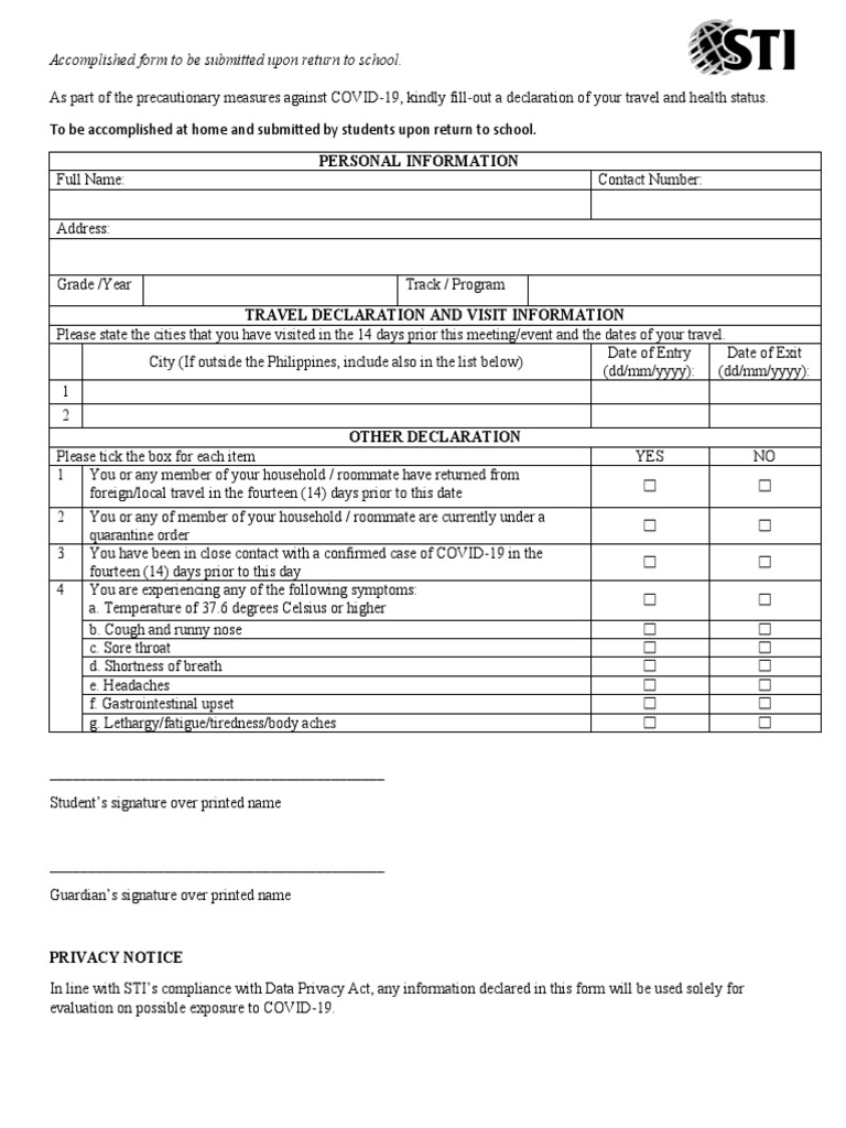 Student Personal Declaration Form - COVID 19 | PDF | Epidemiology ...