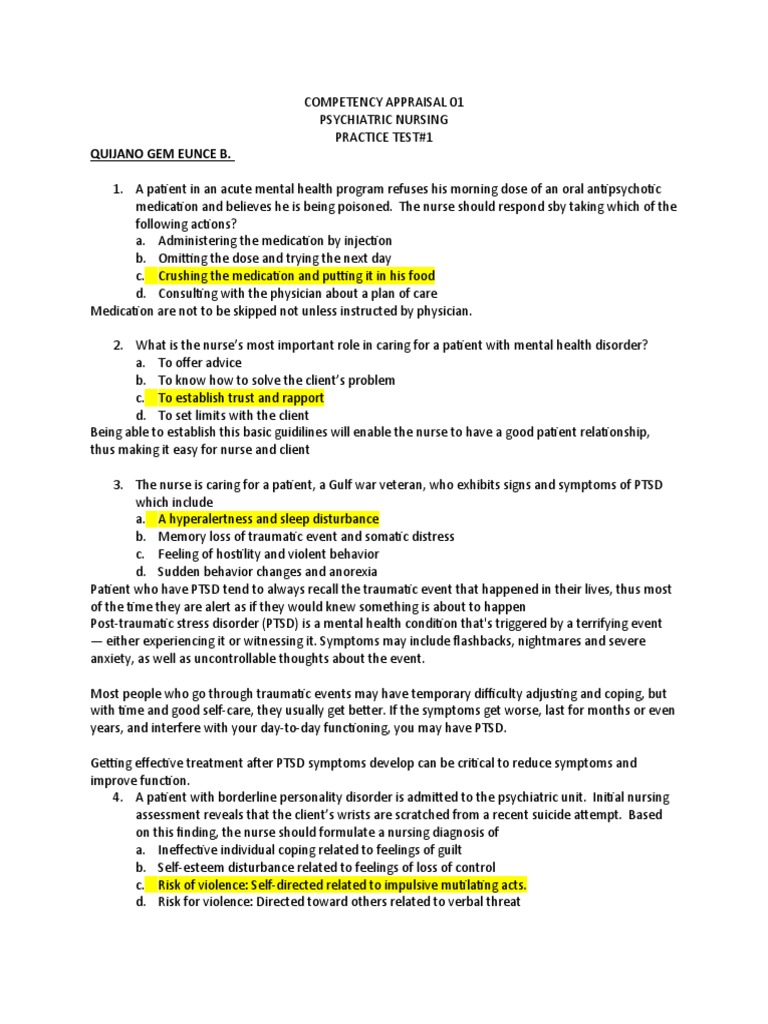 Psychiatric Practice Test | PDF | Psychological Trauma | Antipsychotic