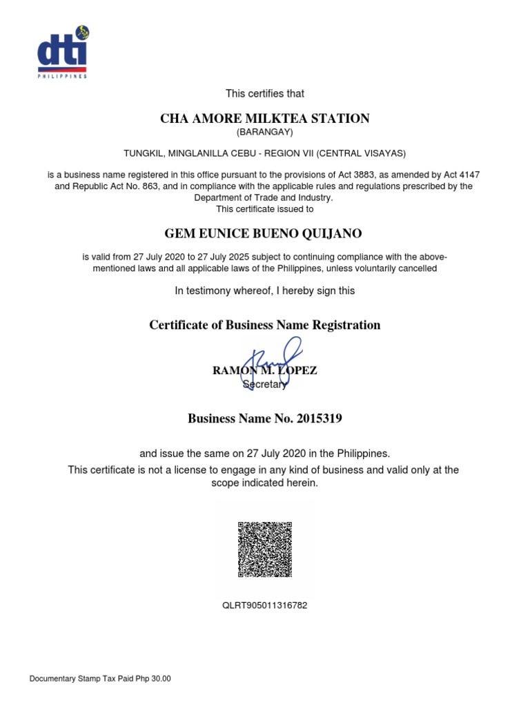 Cha Amore Milktea Station: This Certifies That | PDF