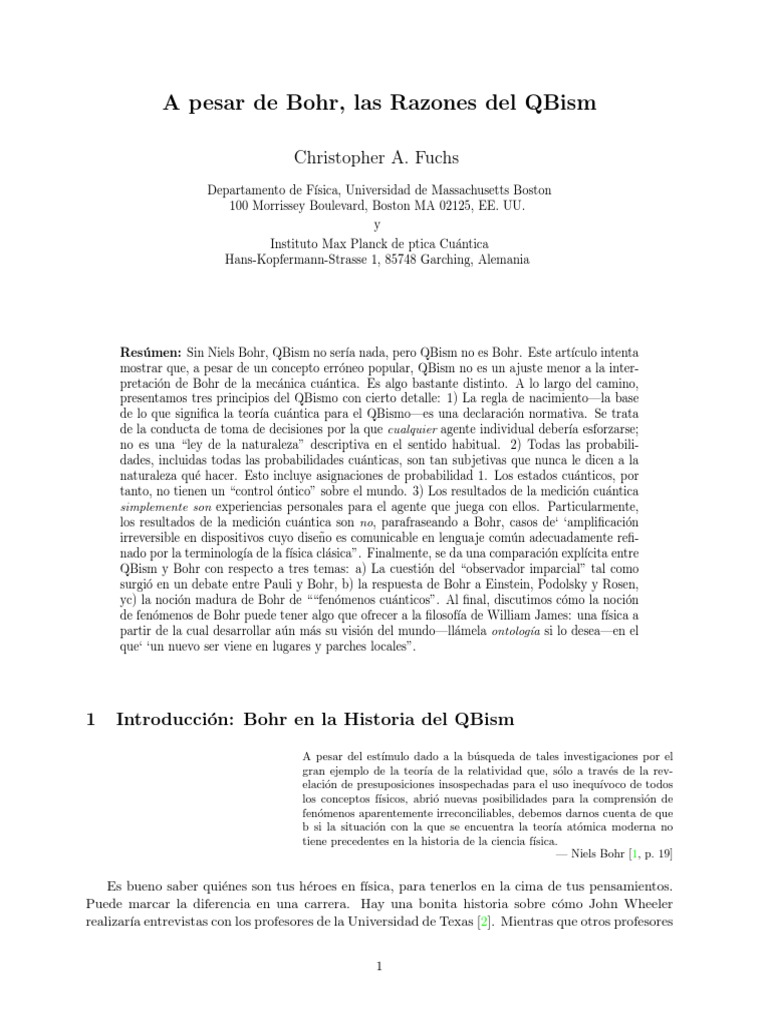 A Pesar de Bohr, Las Razones Del Qbism - Christopher A. Fuchs | PDF ...