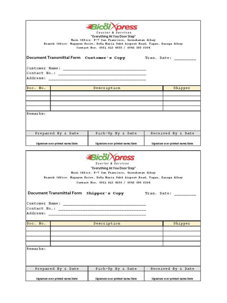 Document Transmittal Form Customer's Copy: "Everything at You Door Step ...