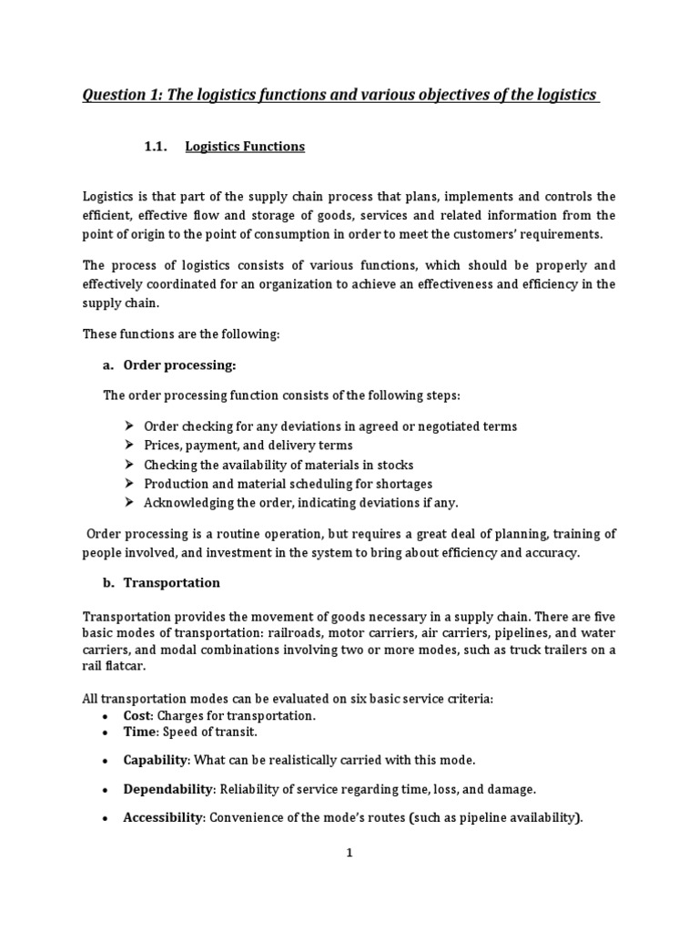 Question 1: The Logistics Functions and Various Objectives of The ...