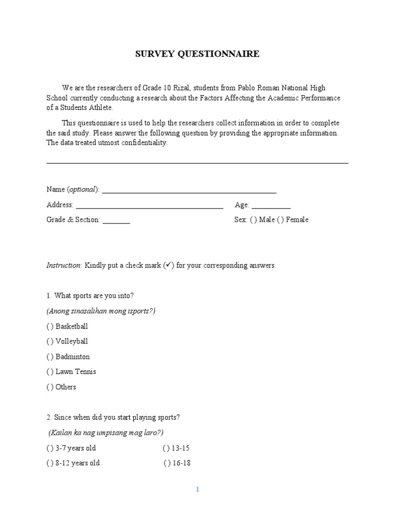 Survey Questionnaire: Instruction: Kindly Put A Check Mark ( ) For Your ...