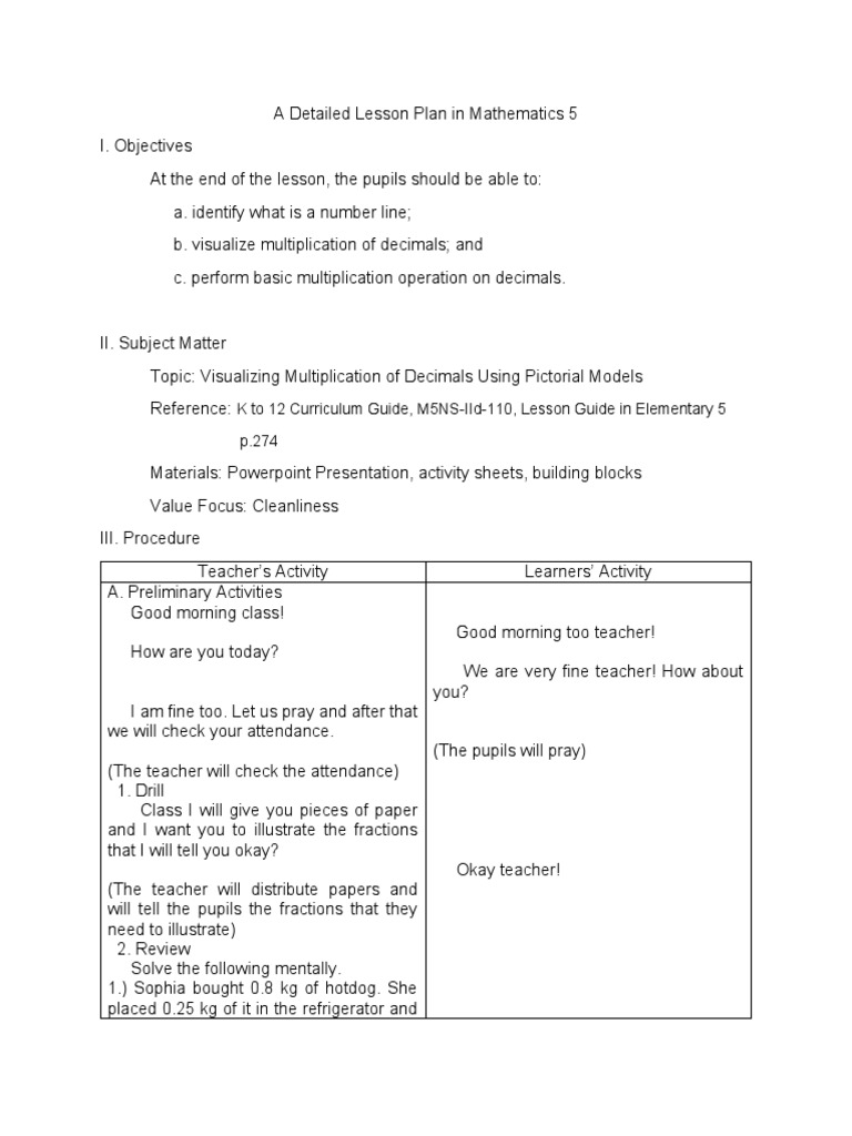 A Detailed Lesson Plan in Mathematics 5 | PDF | Multiplication ...