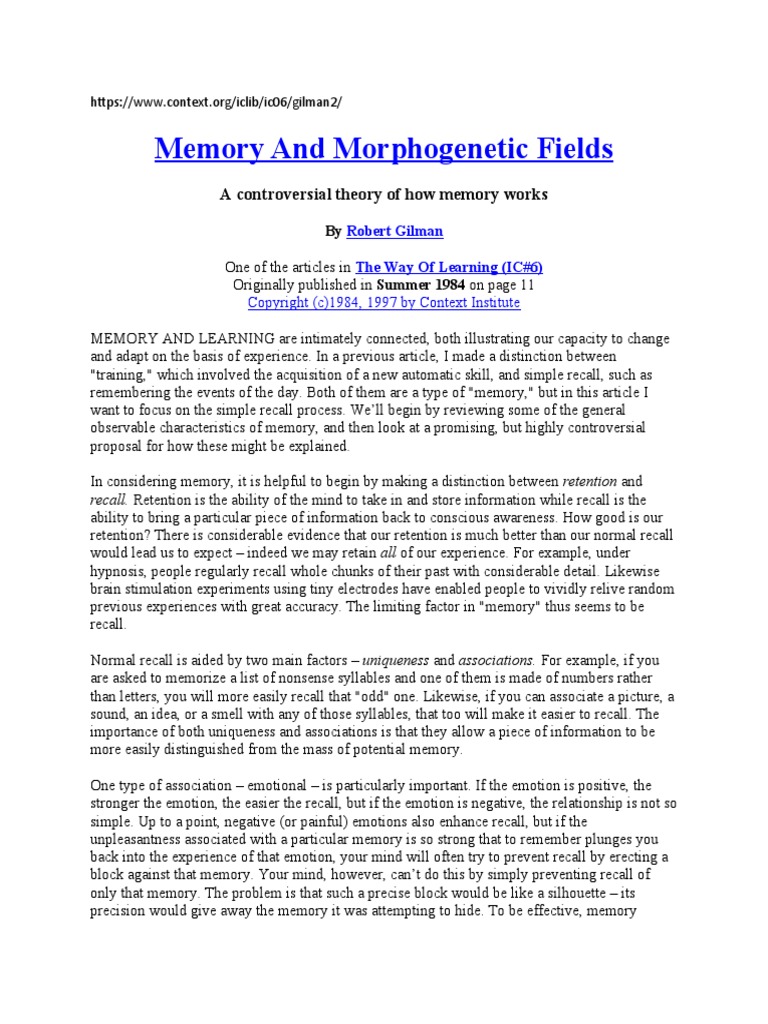 Memory and Morphogenetic Fields | PDF | Rupert Sheldrake | Recall (Memory)