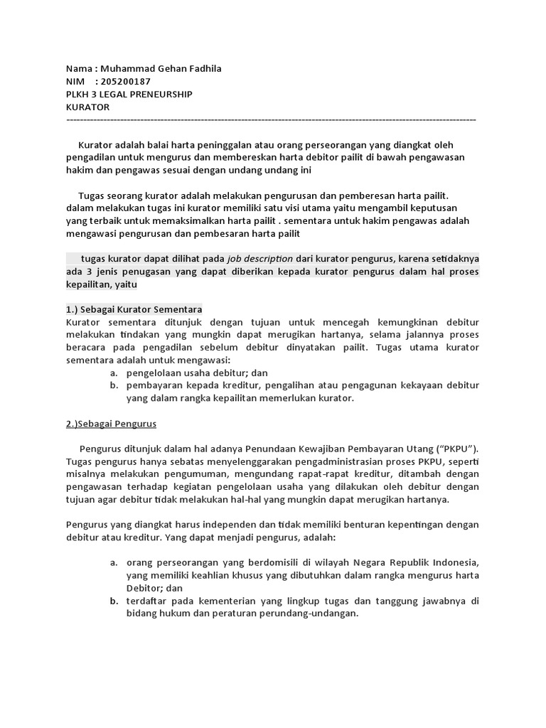 Muhammad Gehan Fadhilla - 205200187 - Kurator - PLKH 3 Legal Preneurship | PDF