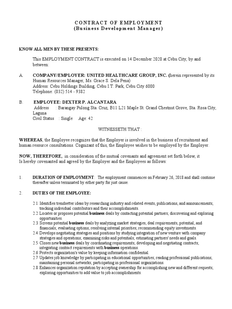 Business Development Manager Contract | PDF | Employment | Indemnity