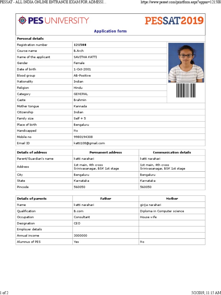 Pessat Application Form Pdf Pdf Bangalore