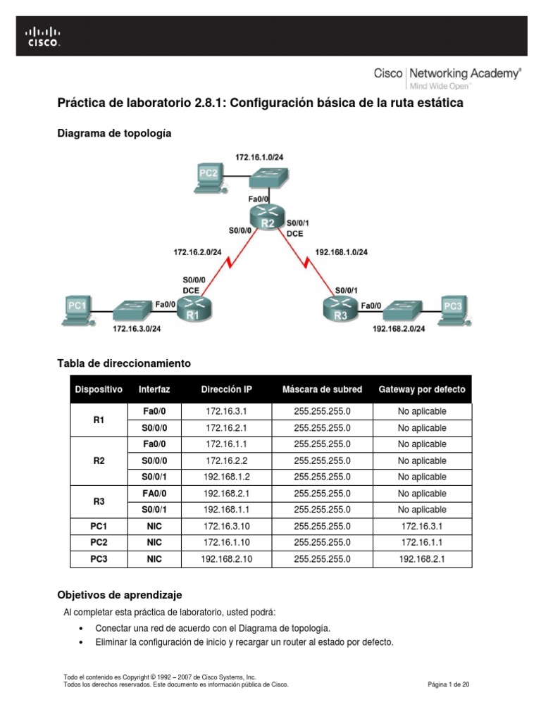 Practica 2.8.2 Configuracion Basica de La Ruta Estatica PDF | PDF | Enrutador (Computación ...