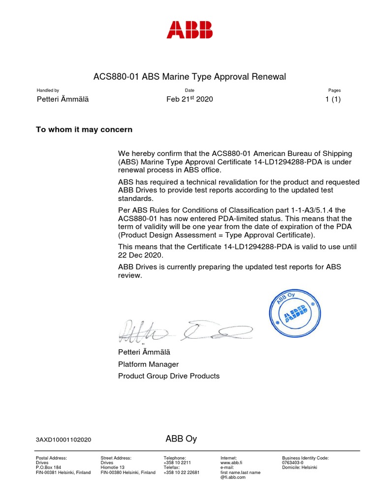 ACS880-01 ABS Marine Type Approval Renewal - 3AXD10001102020 | PDF