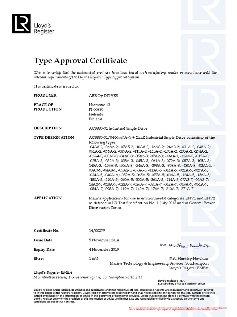 LR Certificate ACS880 01 2014 3AXD10000381105 A | PDF | Contractual ...